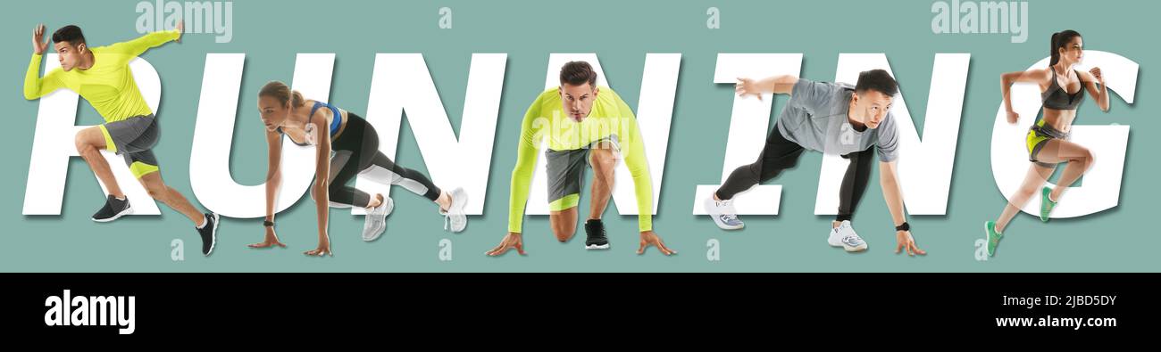 Group of sporty people and word RUNNING on color background Stock Photo ...
