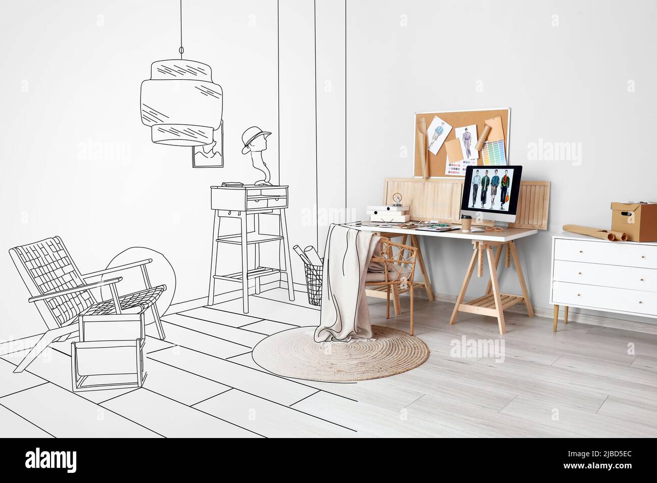 New interior of fashion designer's office with modern workplace Stock ...