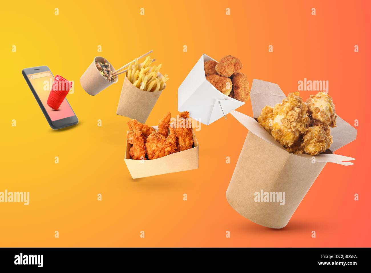 Collage with smartphone and many tasty snacks on color background ...