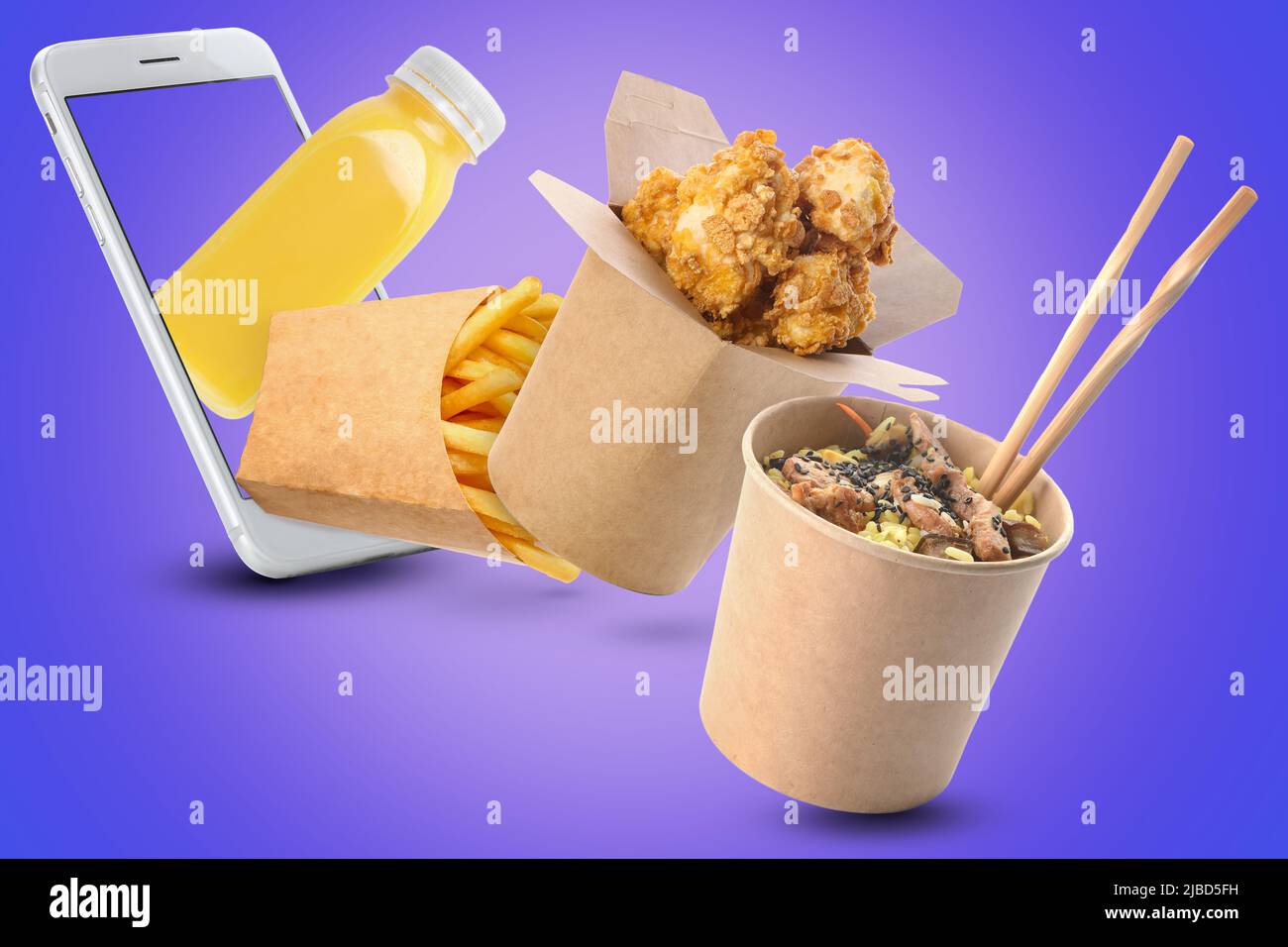 Collage with smartphone and many tasty snacks on blue background ...