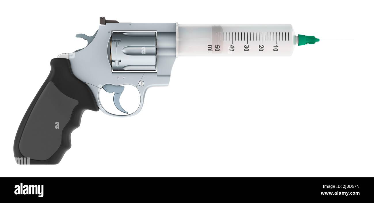 Syringe in revolver, fatal injection, 3D rendering isolated on white ...