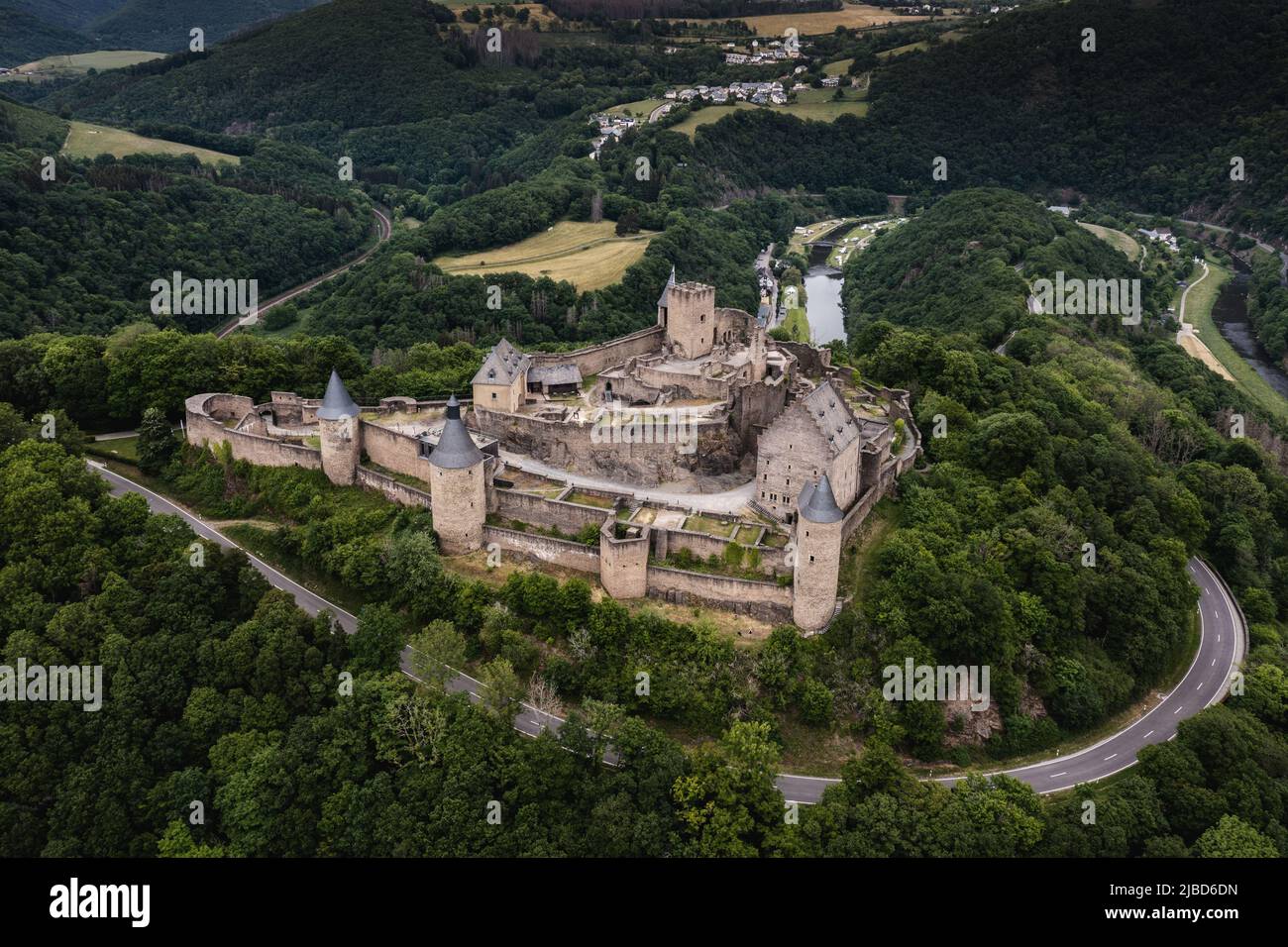 Bourscheid, Luxembourg - 3 June, 2022: drone view of the historic 11th ...