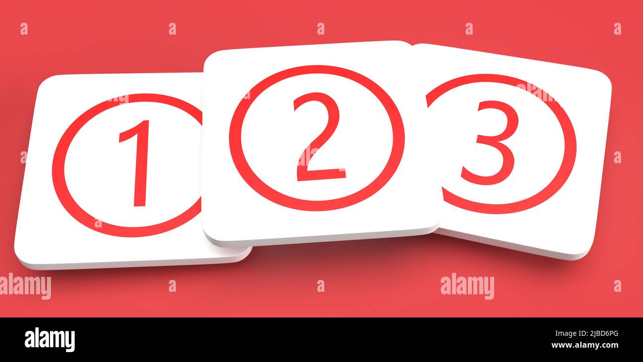 The numbers 1, 2 and 3 in red letters on white rectangular plates ...