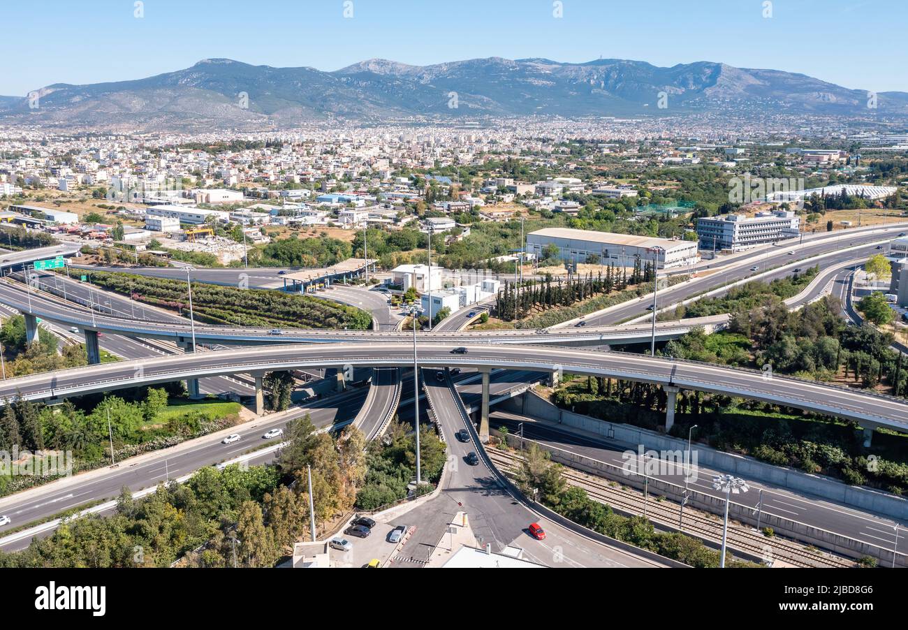 Attiki Odos toll road interchange with National motorway in Attica ...
