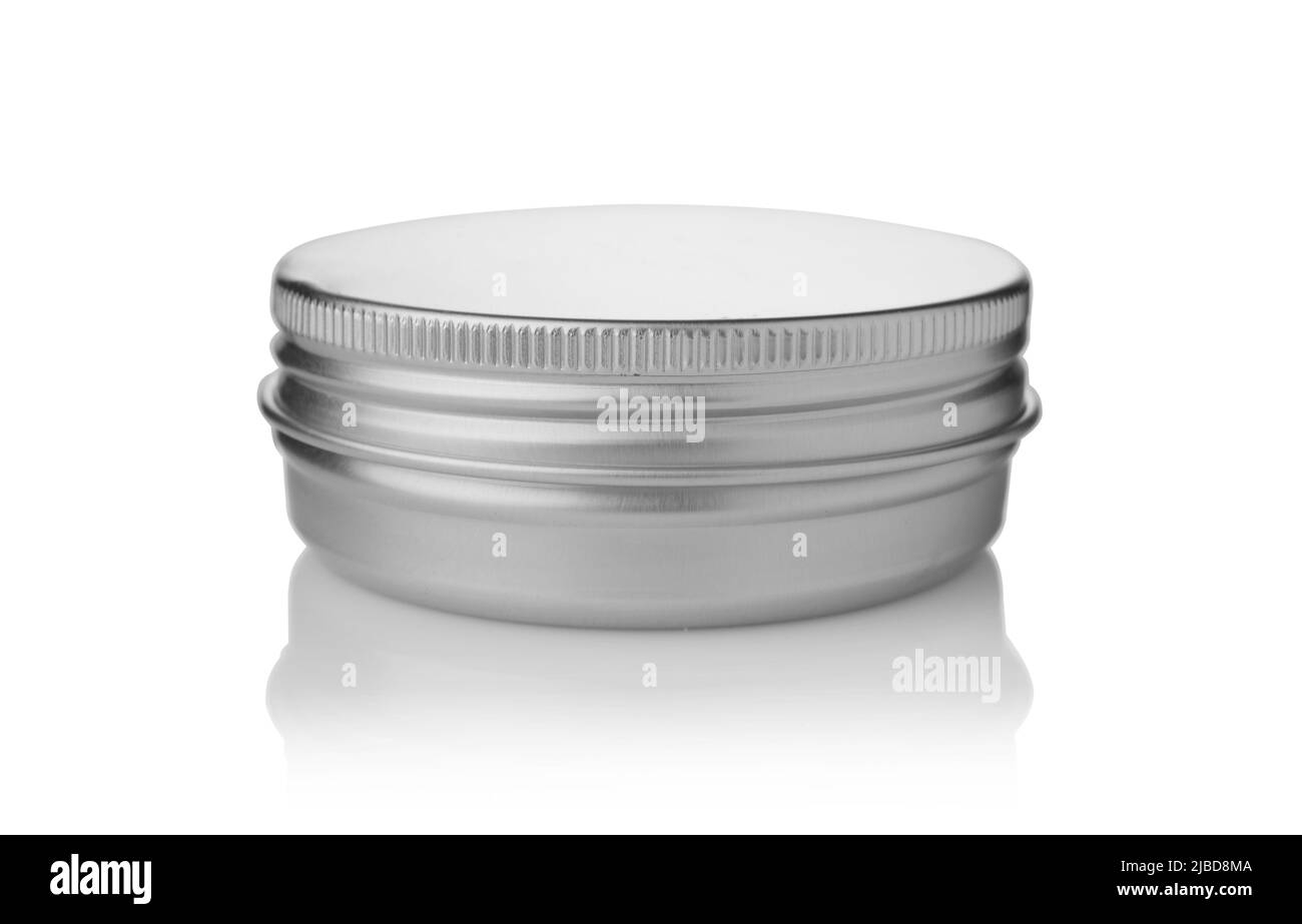 Closed round small metal can isolated on white Stock Photo - Alamy