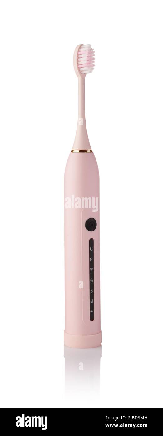 Pink plastic electric ultrasonic toothbrush isolated on white Stock ...