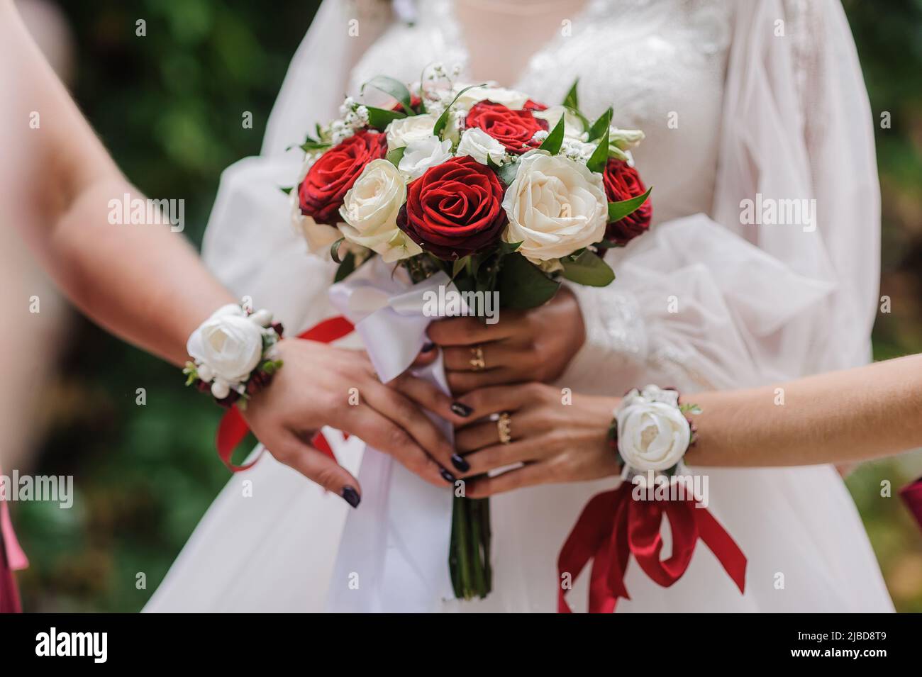 Beautiful woman female bride wedding gown dress white flowers hi-res ...
