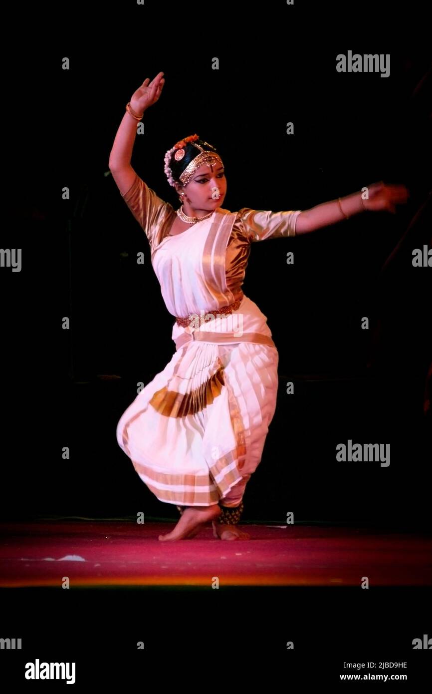 A dancer from the cast of the group Gopesvara performing Bharatanatyam ...
