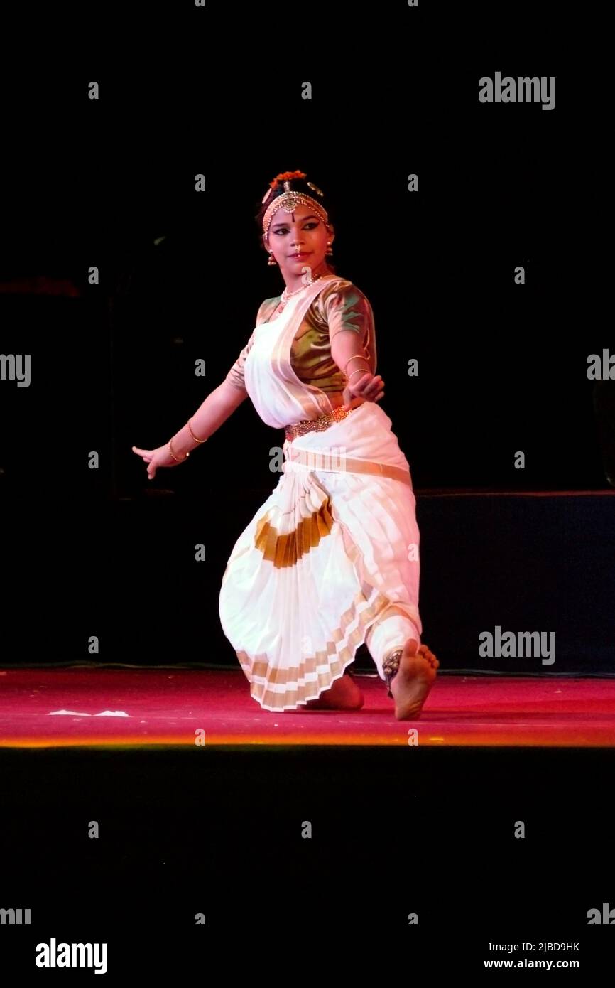 A dancer from the cast of the group Gopesvara performing Bharatanatyam ...
