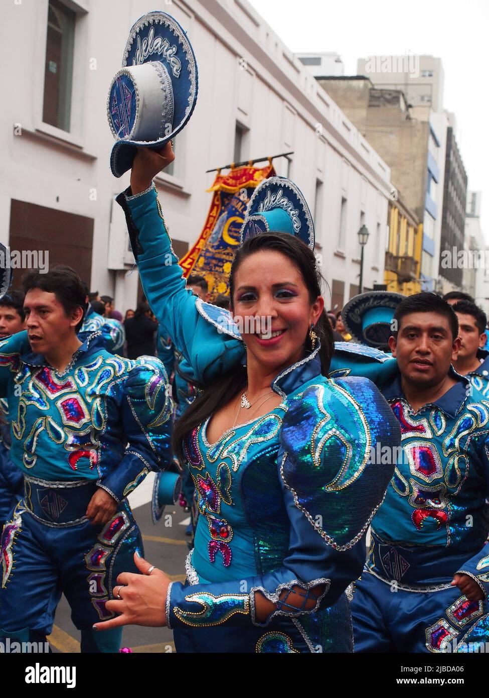 A troup of dancers performing a traditional dance of Puno. The ...