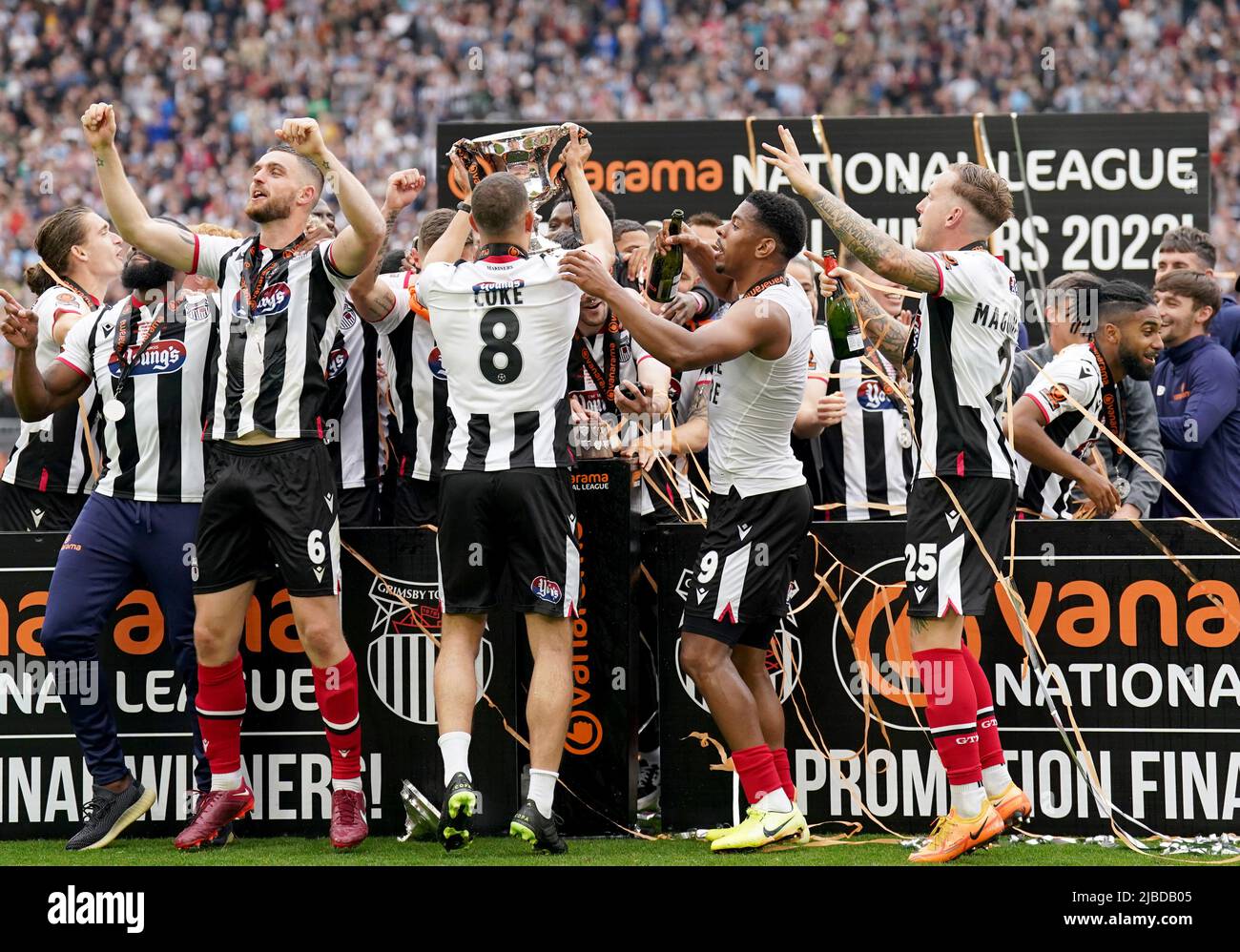 Grimsby Town’s Giles Coke lifts the Vanarama National League Final ...