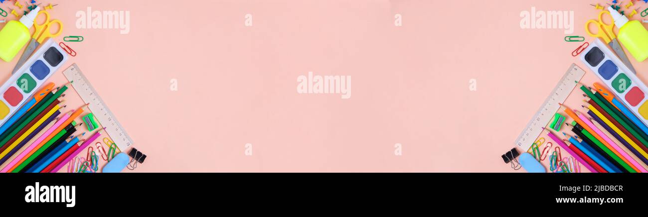 School supplies and stationery pink background.Preparing child for ...