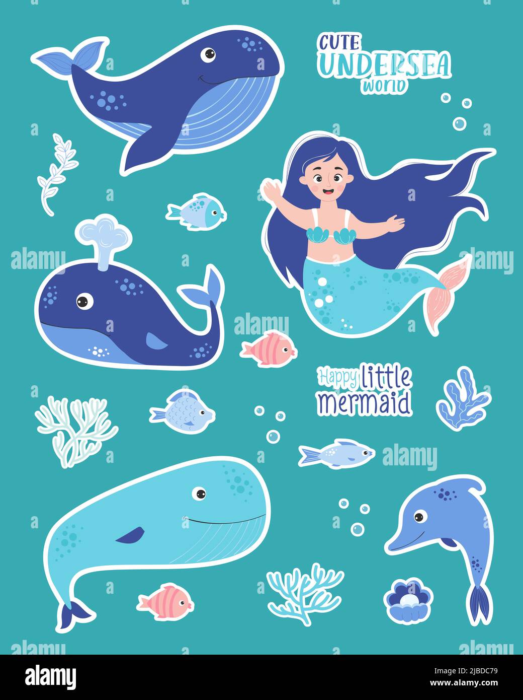Stickers Cute little mermaid and sea animals, blue whale and dolphin ...