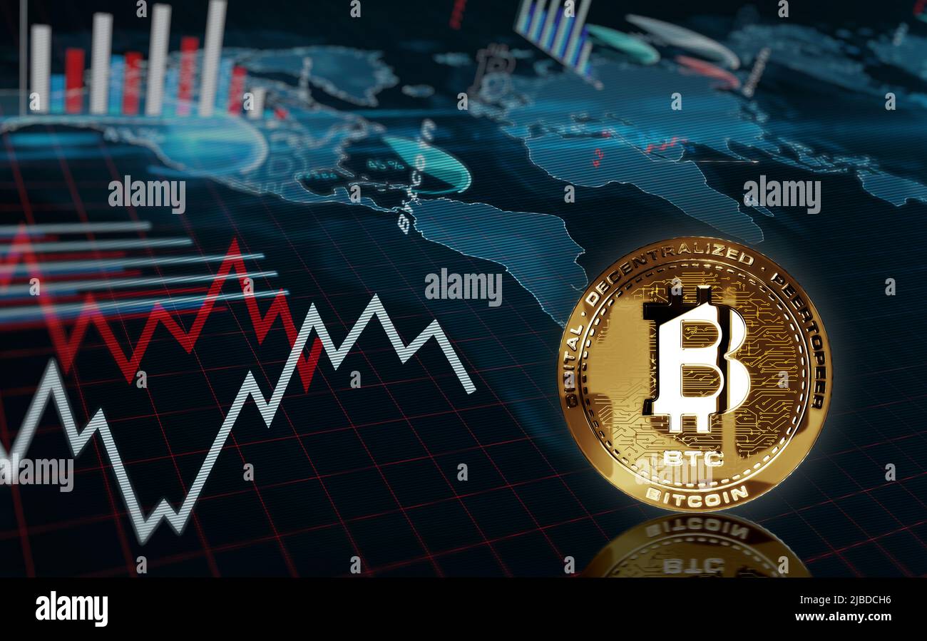 Bitcoin BTC cryptocurrency golden coin over the chart. Price trend ...