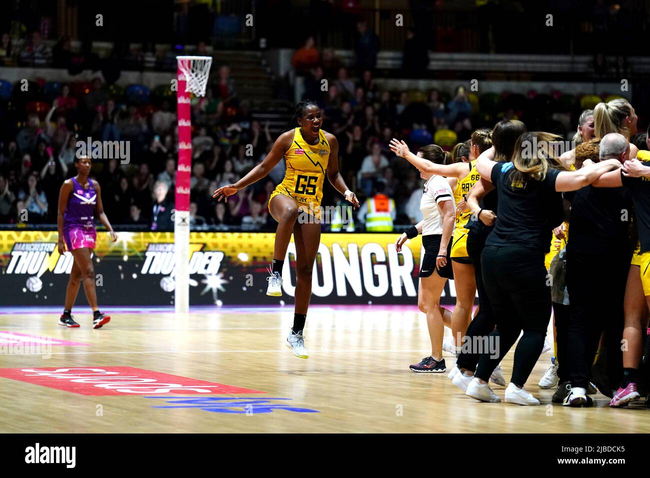 Manchester Thunder's Joyce Mvula celebrates their victory at the end of ...