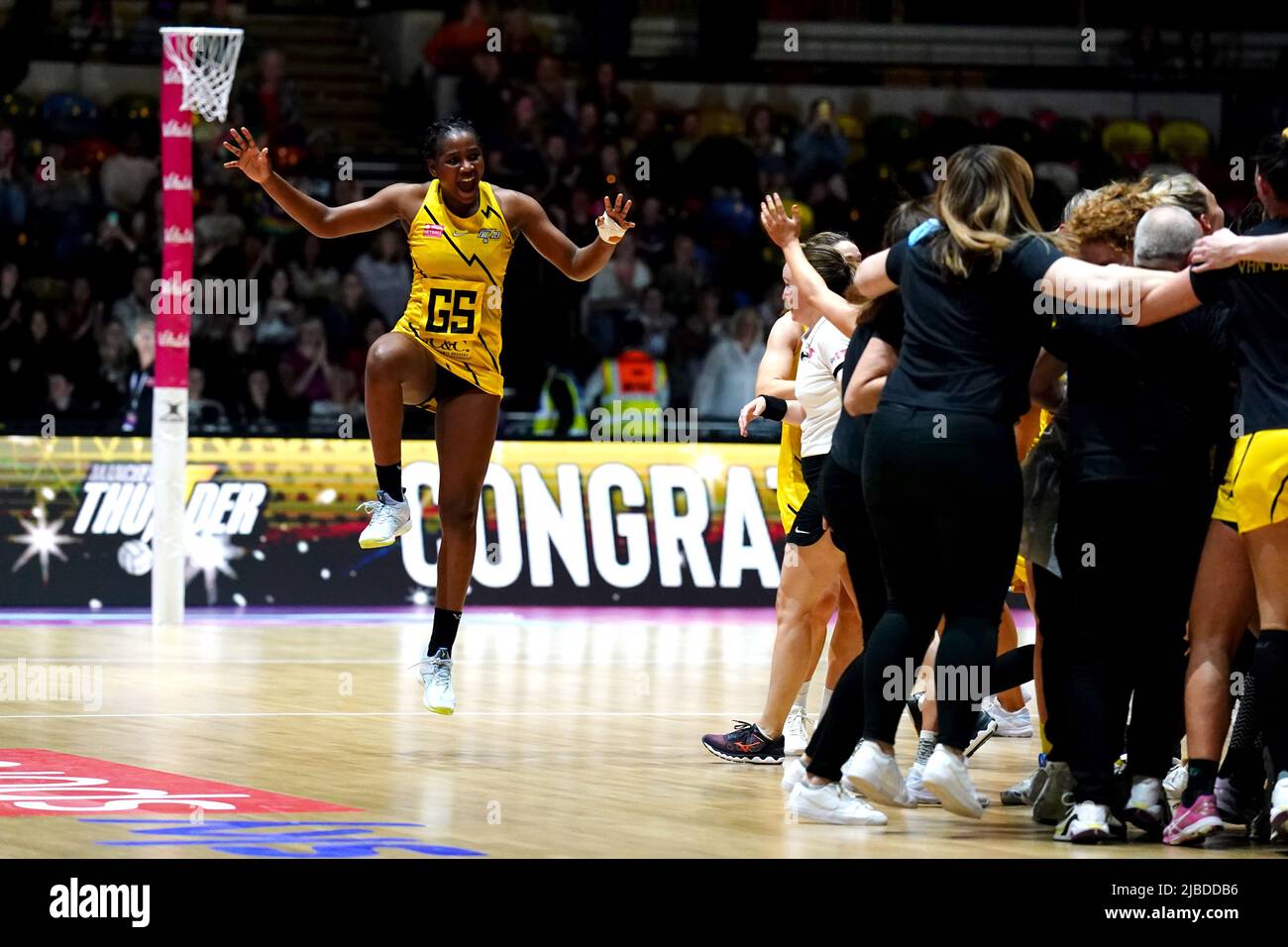 Manchester Thunder's Joyce Mvula celebrates their victory at the end of ...