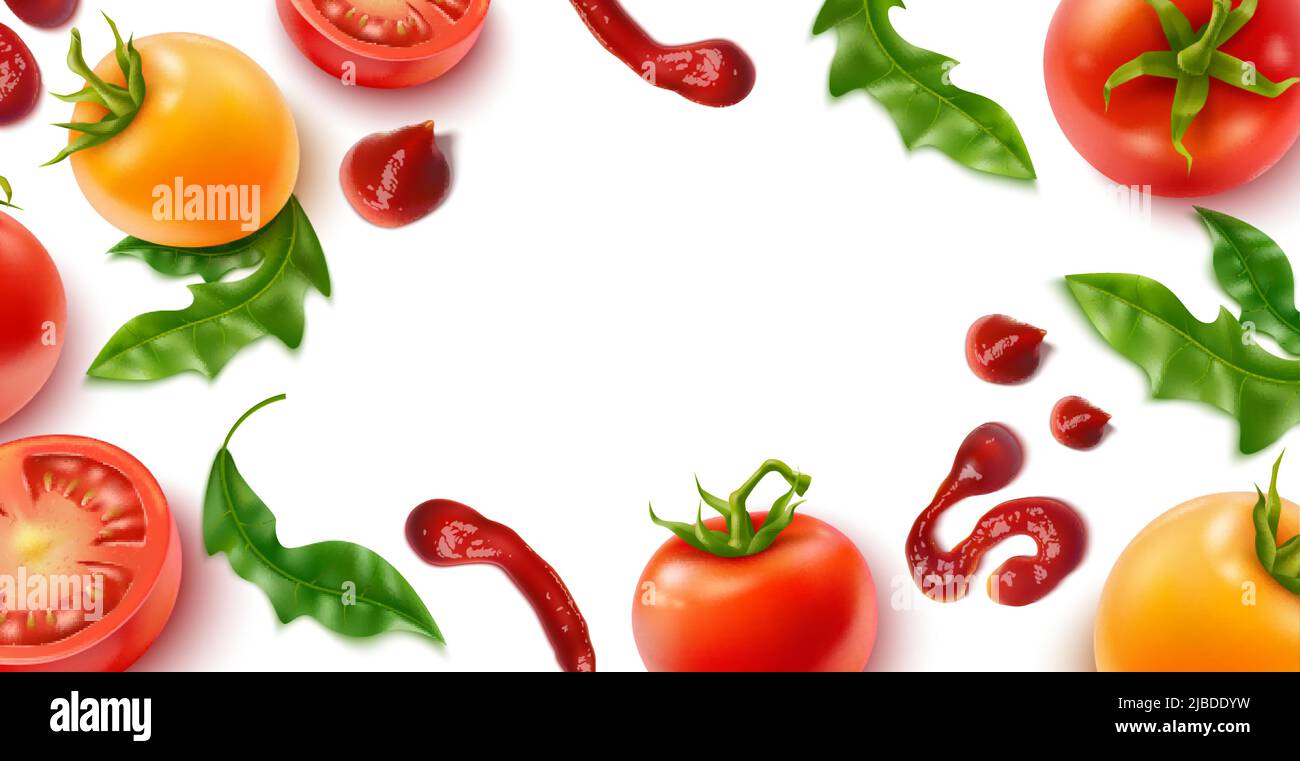 Realistic tomato background. Natural 3d vegetables on twigs and herbs ...
