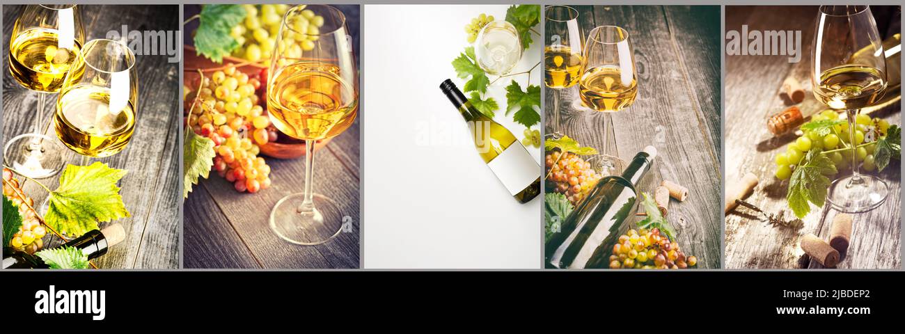Wine collage. White wine bottle and wine glass on different backgrounds ...