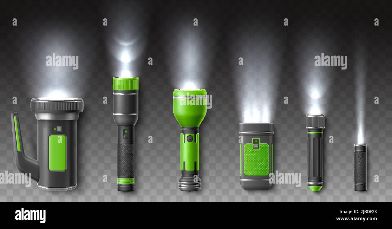 Flashlights with rays. Luminous realistic electric torches, flashing ...