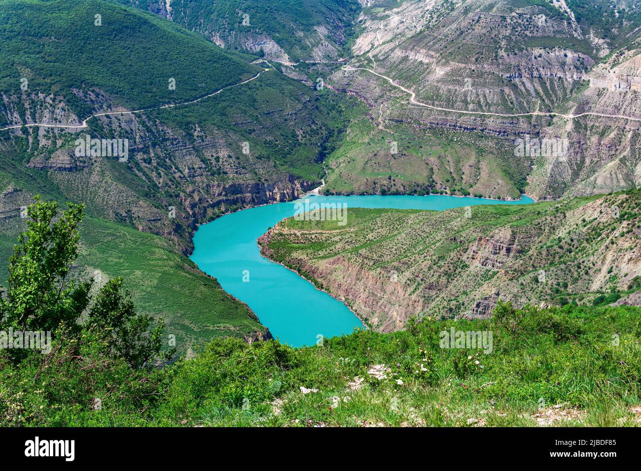 mountain landscape, view of the deep canyon with blue water, valley of ...
