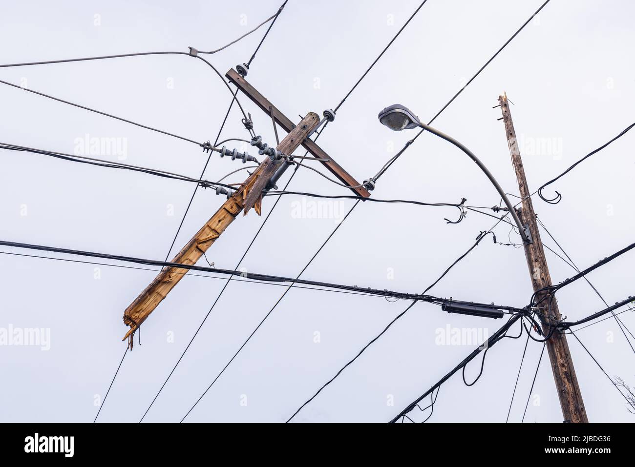 Low angle view of a severed wooden utility pole, tangled with overhead ...