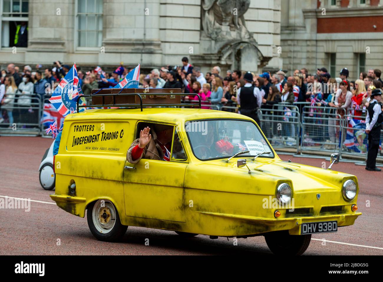 London, UK. 5 June 2022. Only Fools and Horses Reliant Robin passes by ...