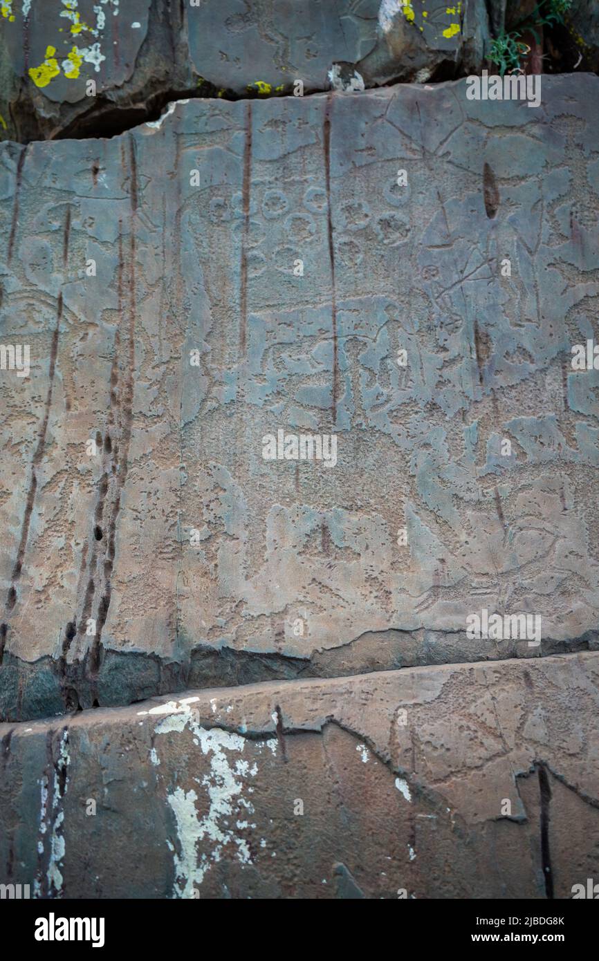 Drawn figures on the stone wall. Rock painting in mountain of Altai ...