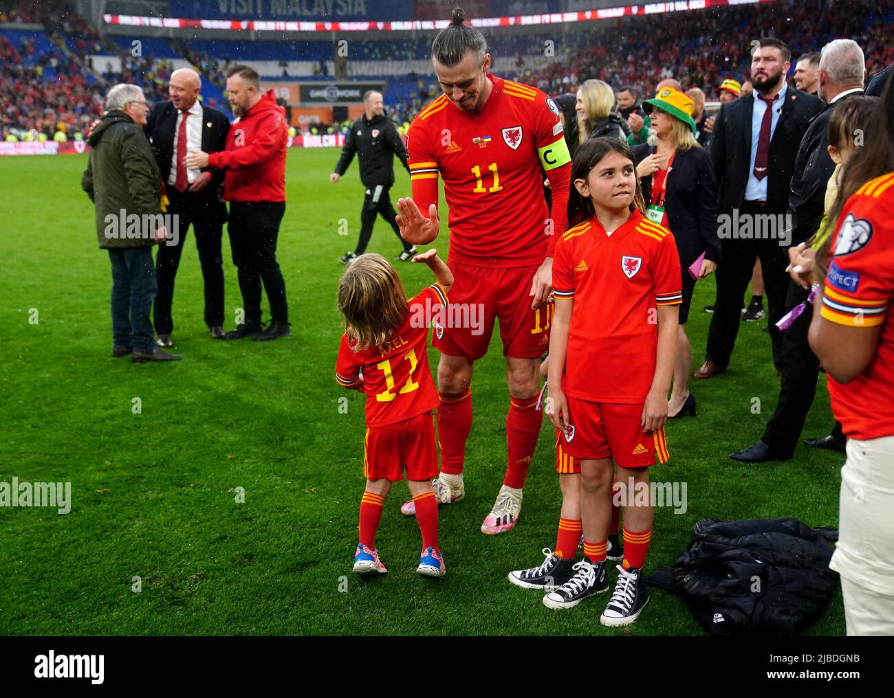 Wales' Gareth Bale (centre) with their children including Axel Charles Bale (left) after the ...