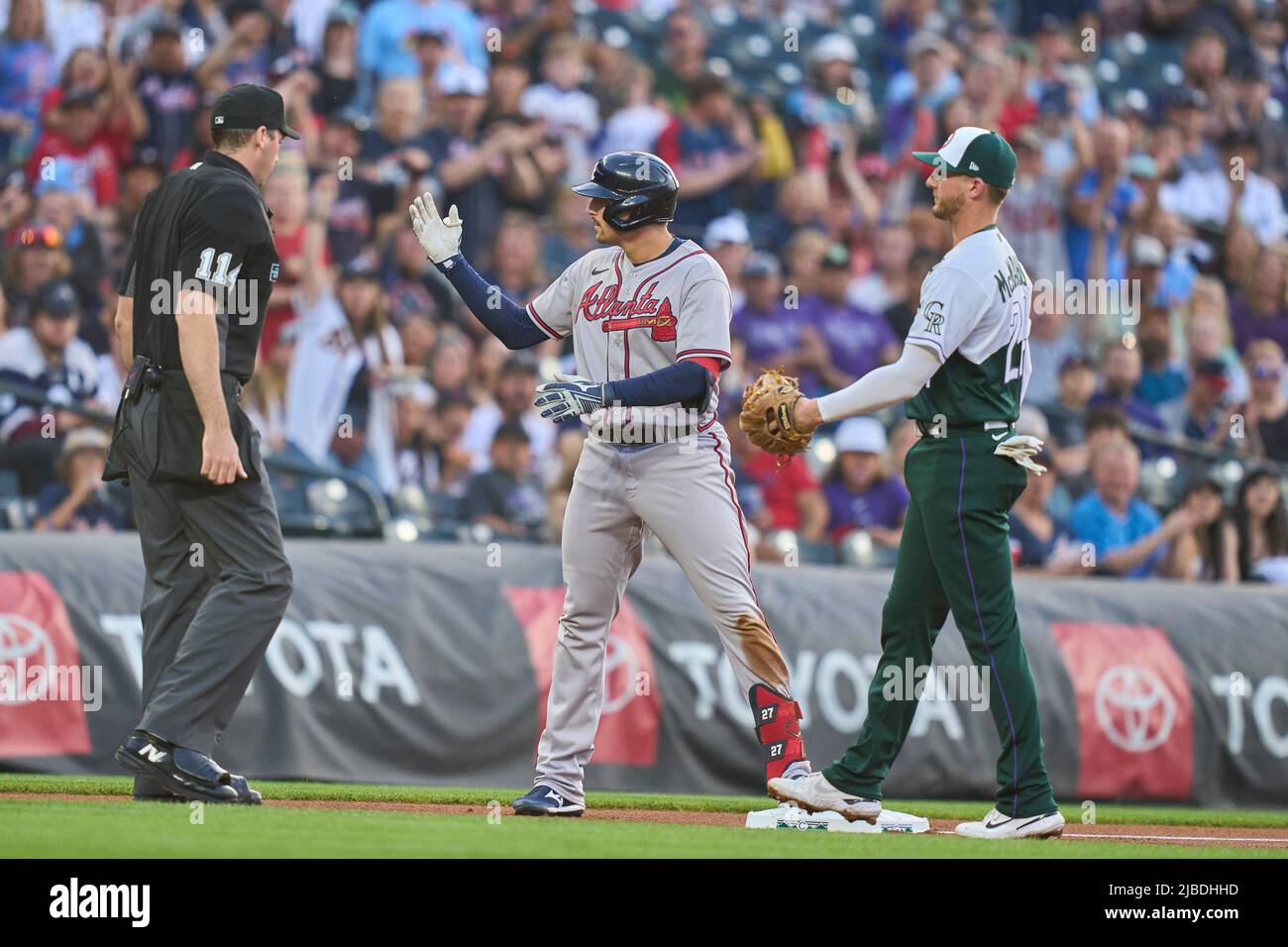 Denver CO, USA. 4th June, 2022. Atlanta third baseman Austin Riley (27 ...