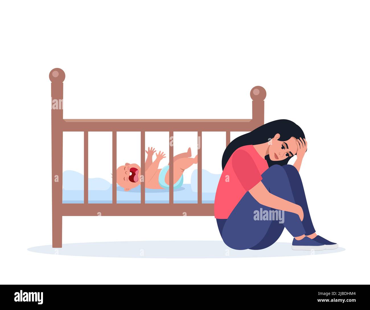 Woman in postpartum depression, exhausted and stressed. Unhappy mom ...