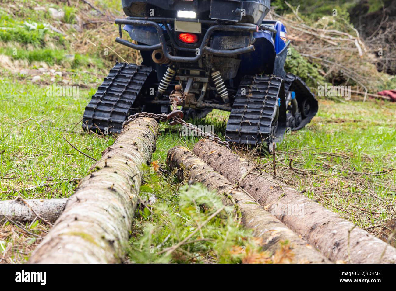 Ground level perspective on the rear of an all terrain vehicle, ATV ...