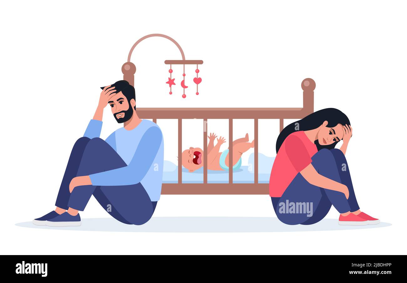 Exhausted parents at the crib with crying baby. Sad woman sitting on ...