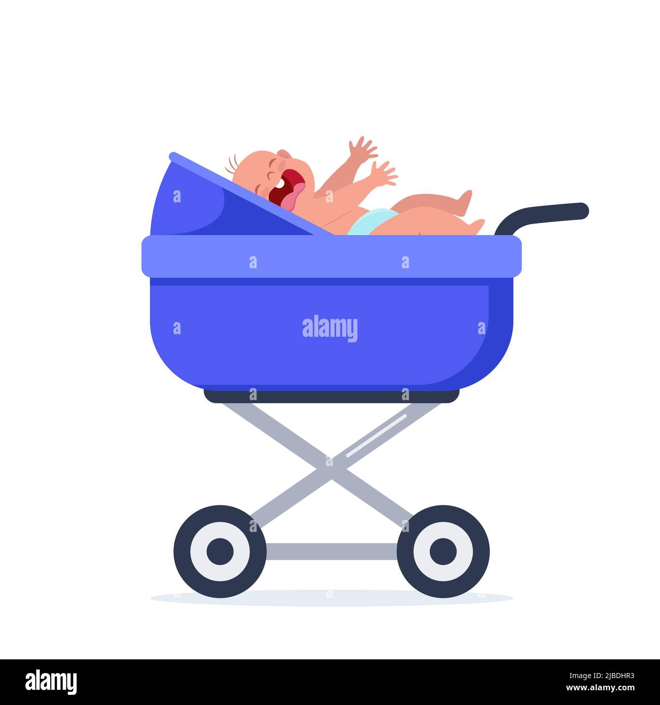 Little baby crying hesterically. Crying infant is lying in a stroller ...