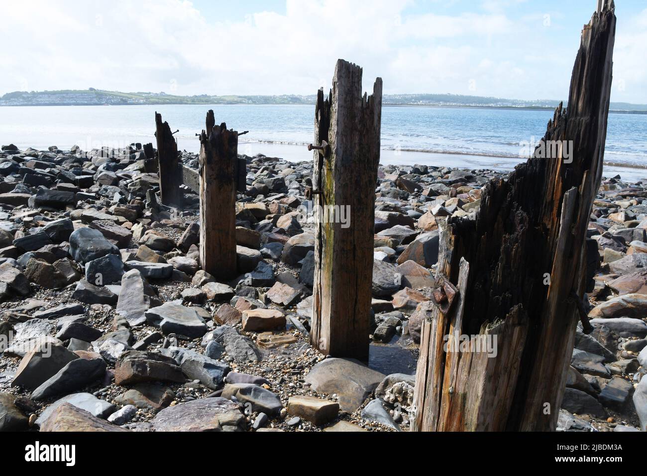 Wooden posts, the remains of the groins on the beach, destroyed by the ...