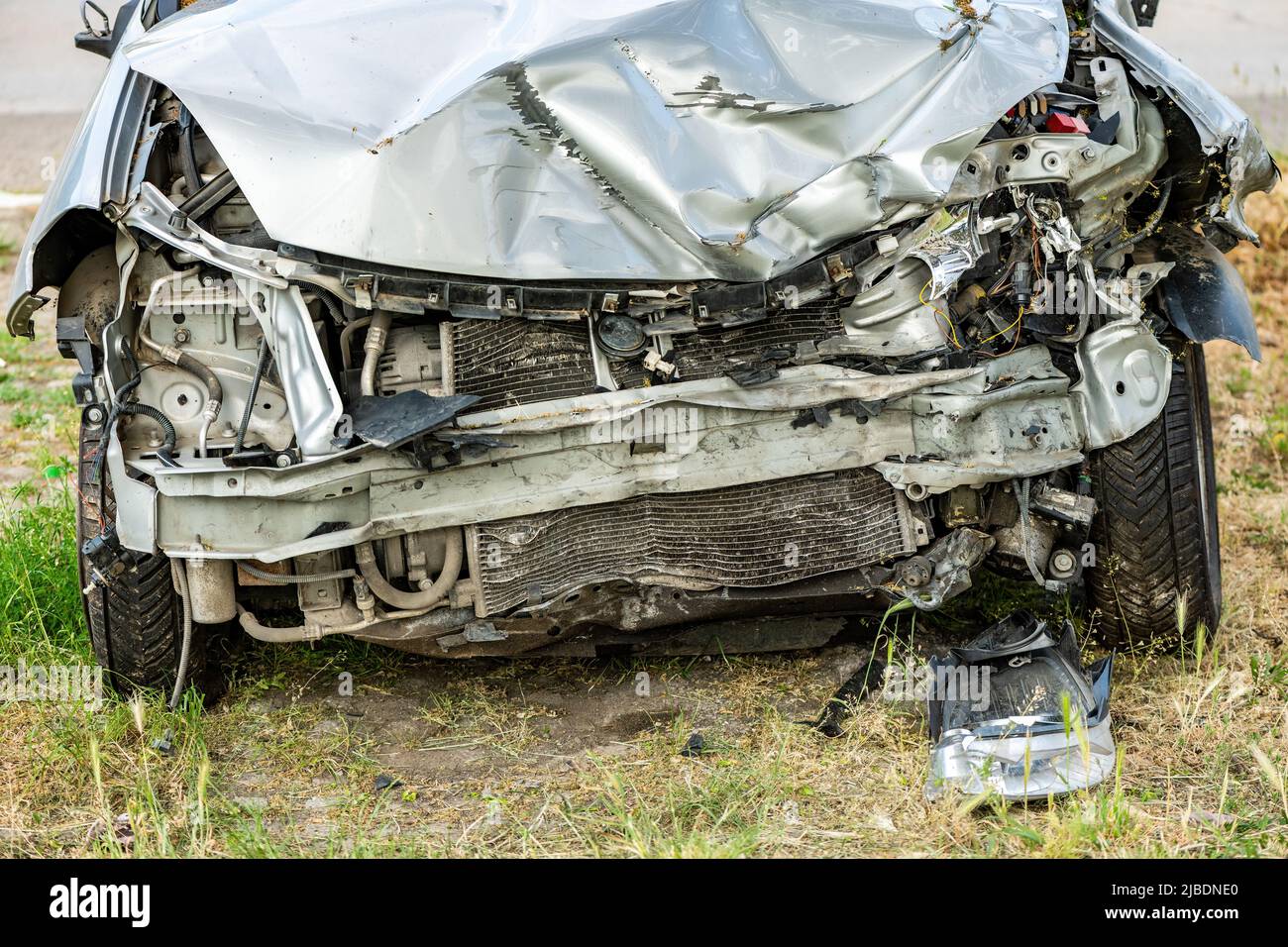 Crushed and damaged car after traffic accident, selective focus Stock ...
