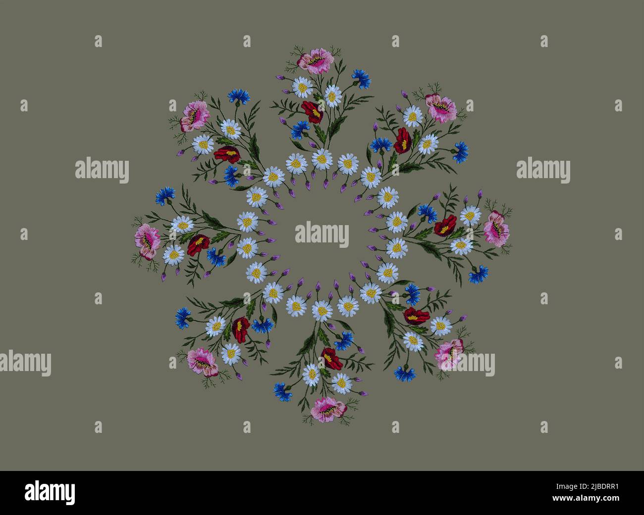 Satin stitch embroidery with a pattern of a round frame of daisies ...