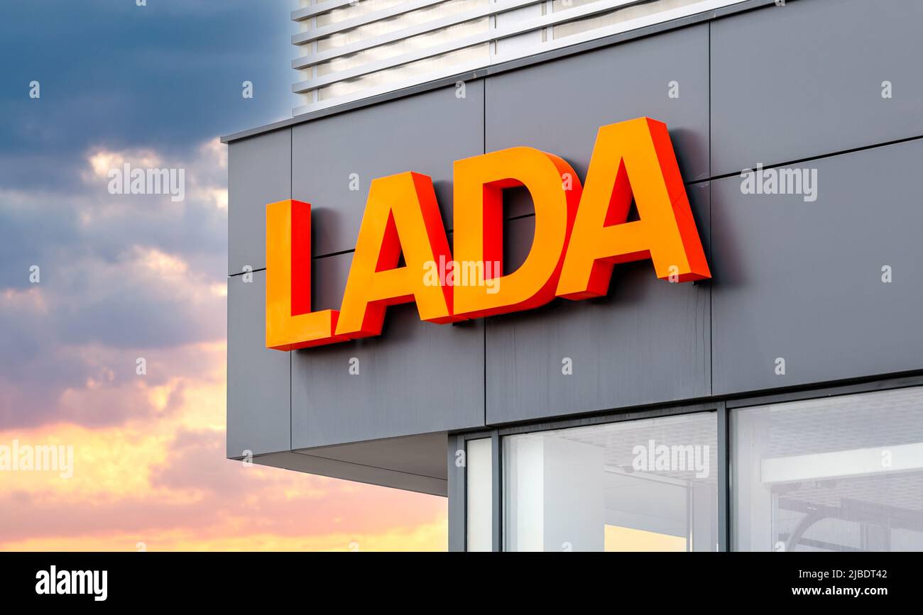 Samara, Russia - June 5, 2022: Dealership sign Lada on the office of ...