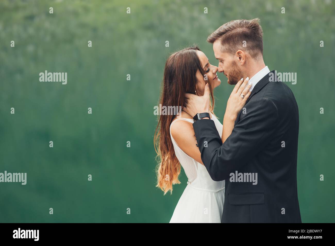 Portrait of newlyweds smile and hugging standing before a lake, look at ...