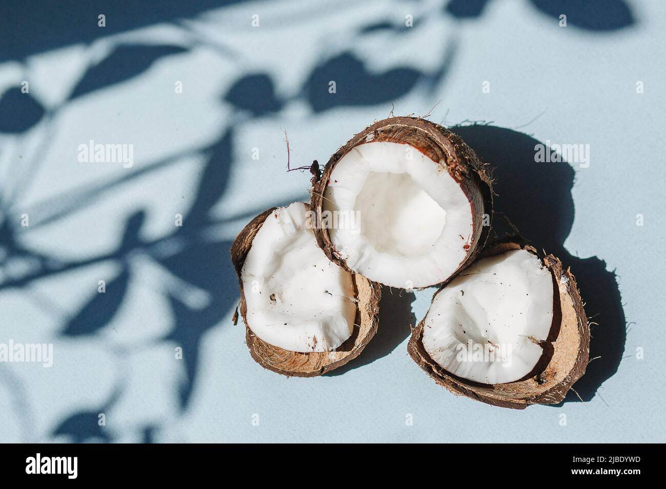 Half a coconut and pieces of coconut on a blue background Stock Photo ...