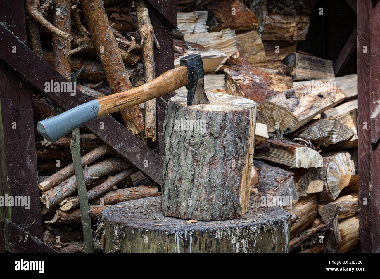 An axe driven into a stump. Preparing firewood. Chopping wood on a ...