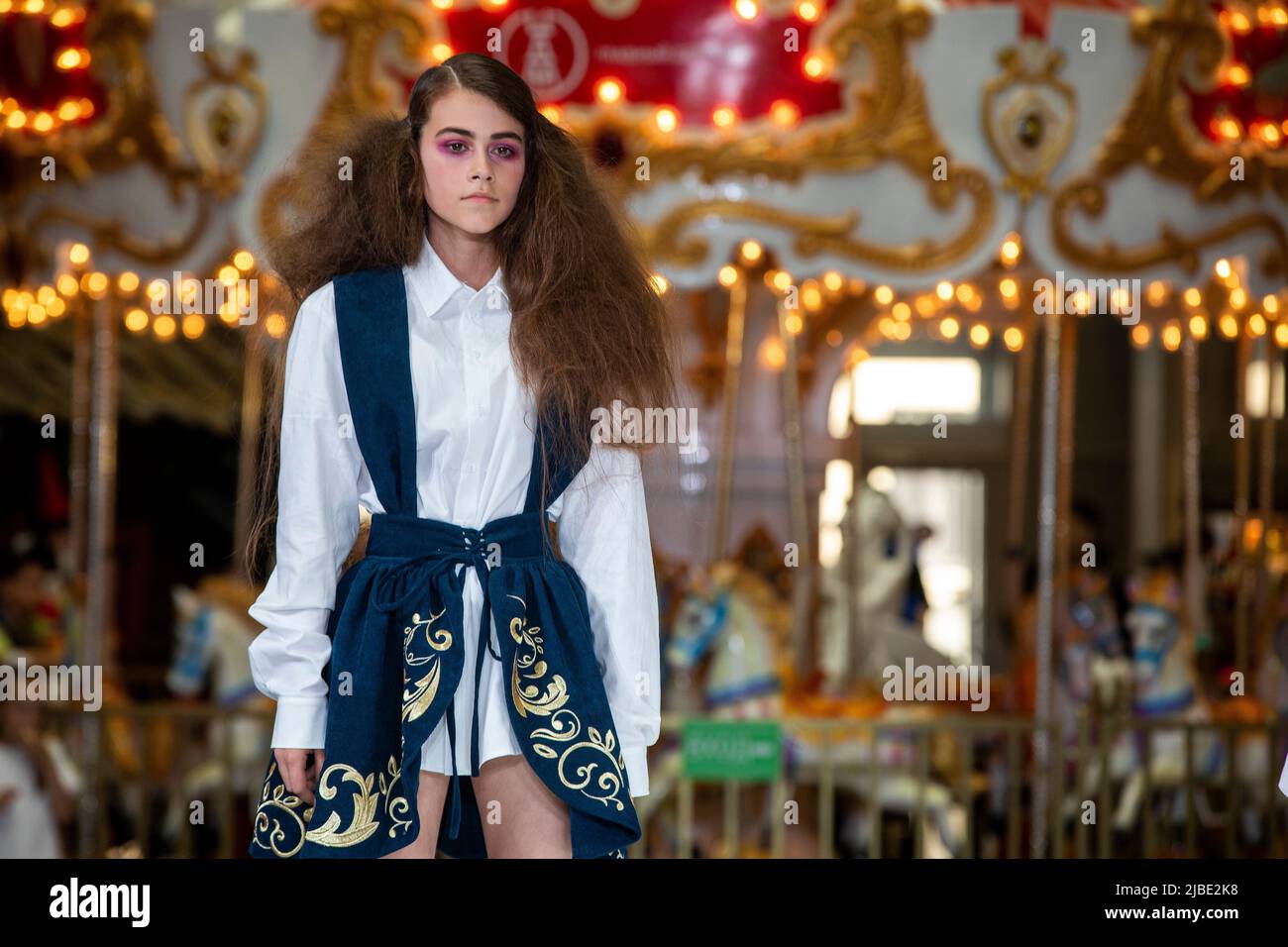 Moscow, Russia. 5th of June, 2022 Young models on a podium during the Fashion show "Circus" of ...