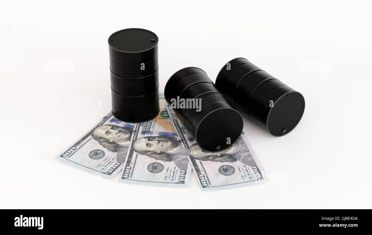 Oil barrels and dollar money banknote, concept of oil market business ...