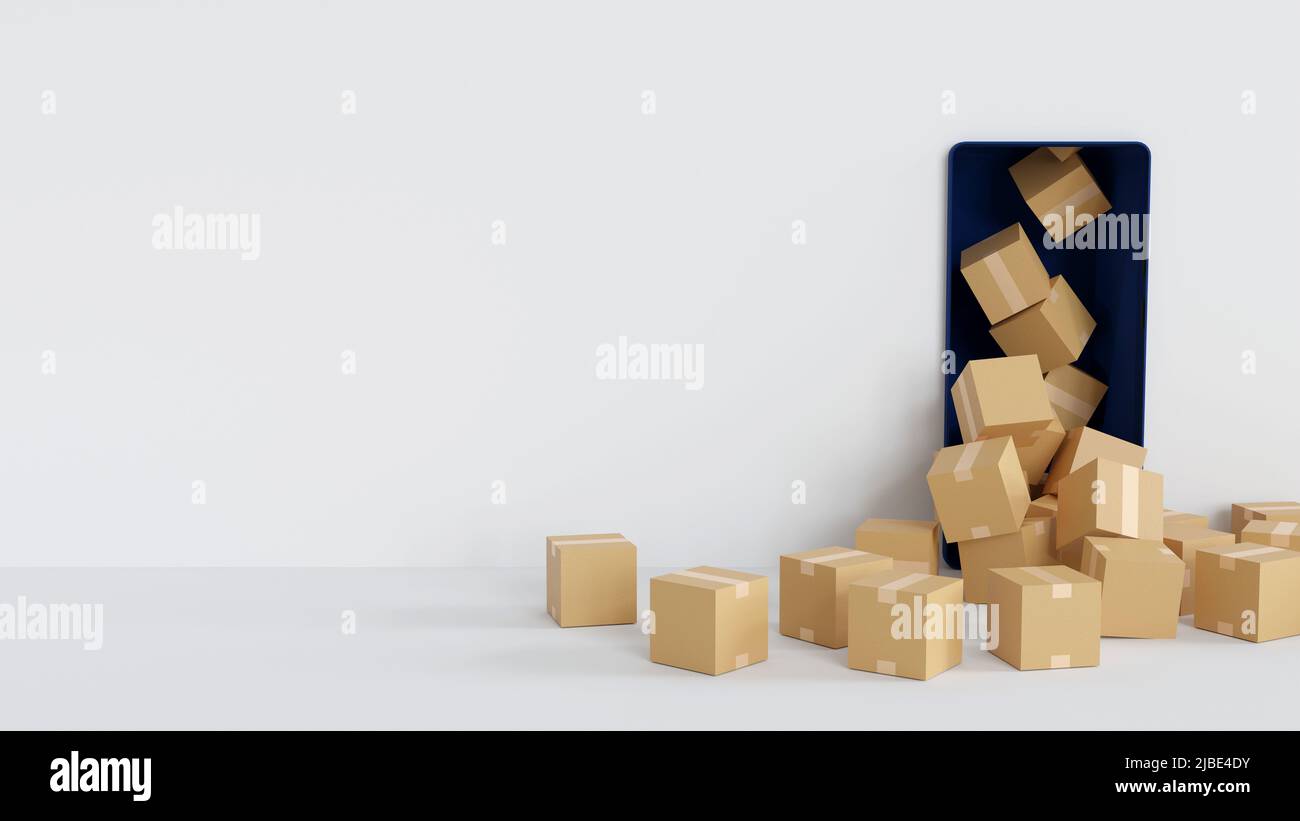 Cardboard box parcel overflow from smartphone display, online shopping ...