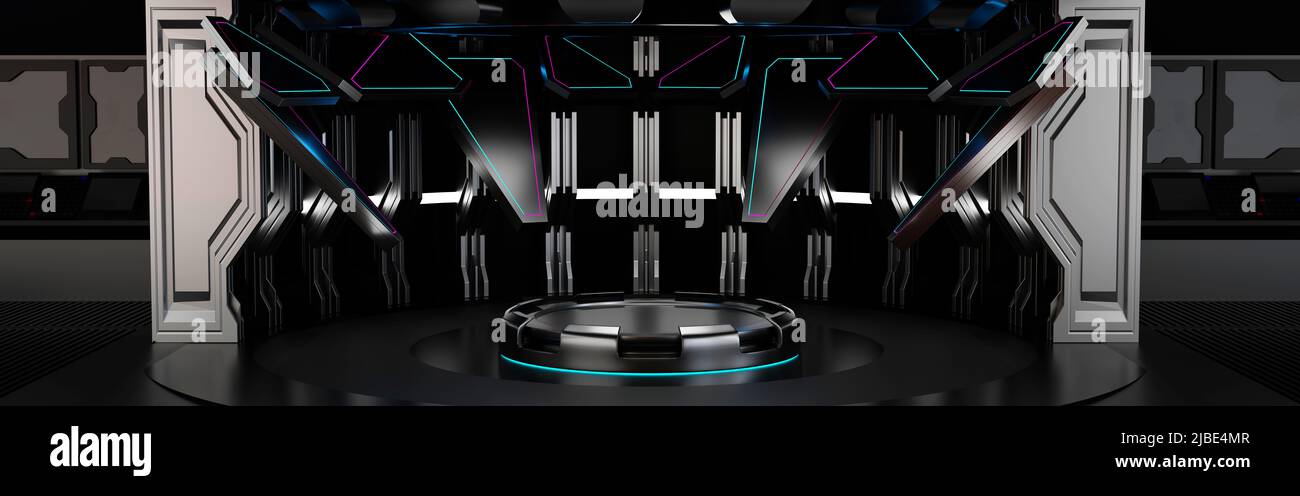 Modern podium in spaceship or space station interior, Sci Fi tunnel ...