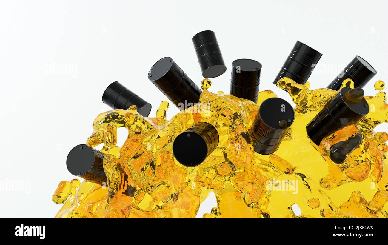 Engine oil or motor oil splashing with barrels, concept of oil market ...