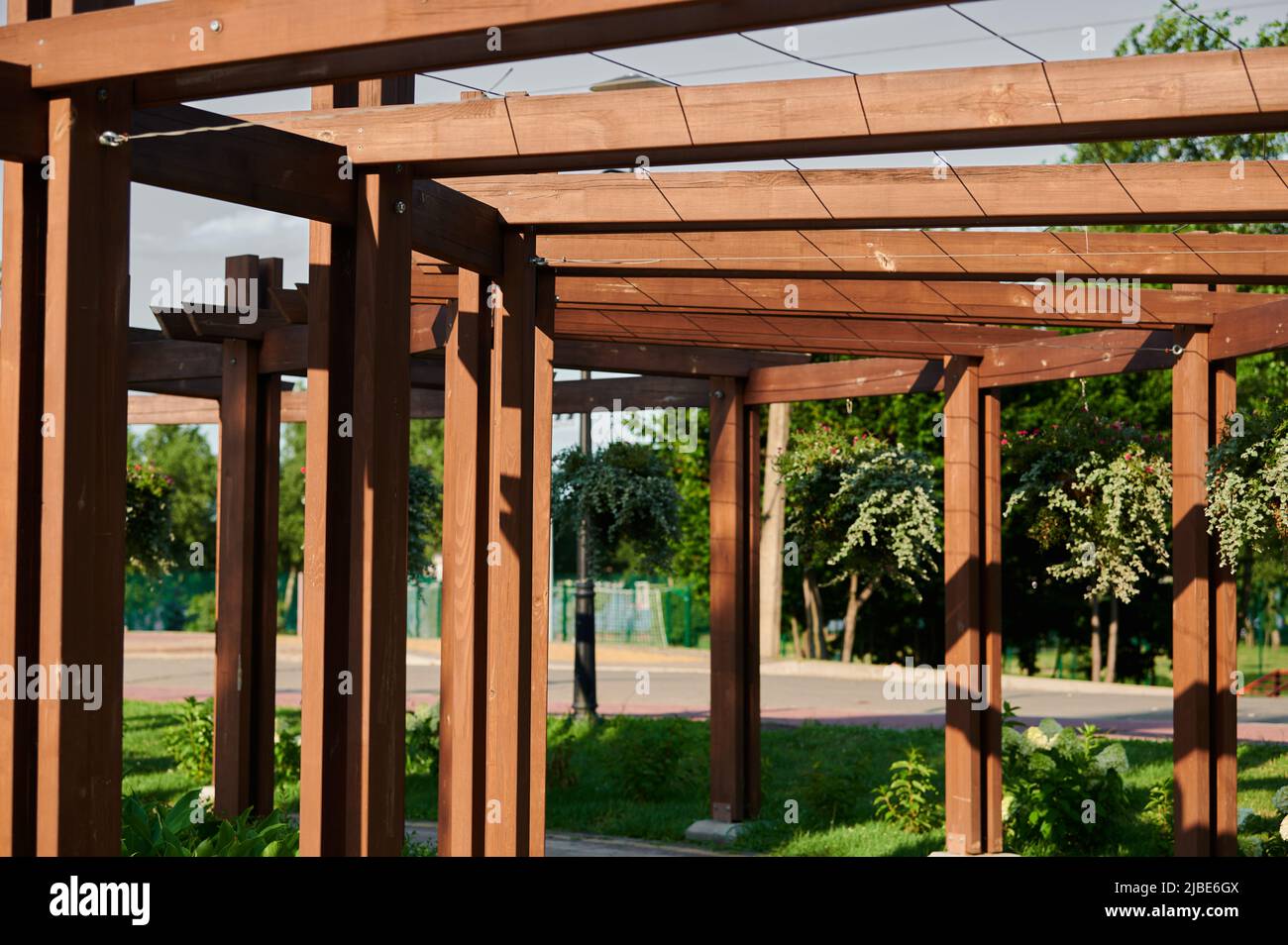 Building element in environmental landscape design, street wooden beam ...