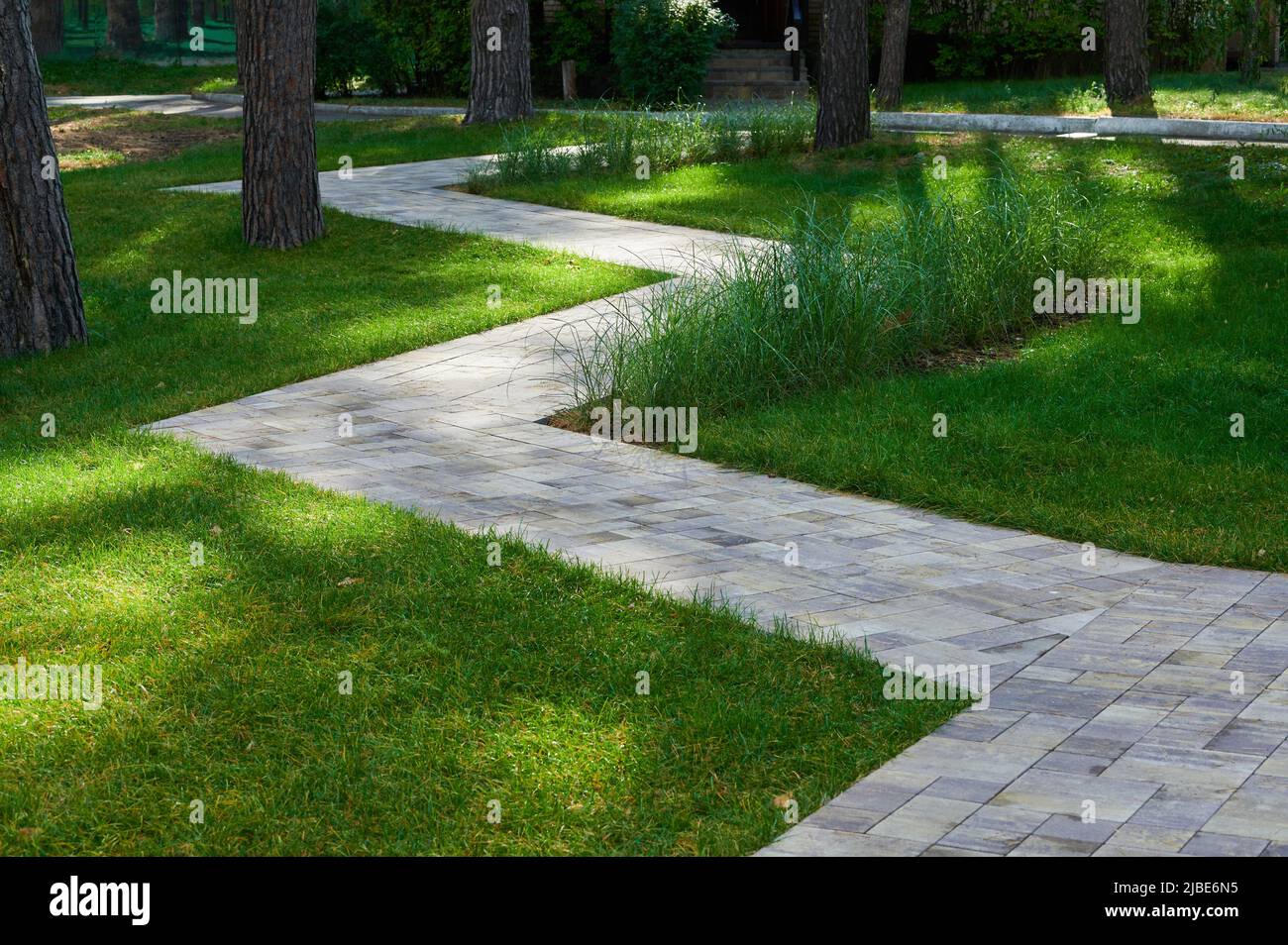 geometric stone path in landscape design surrounded by green grass and ...