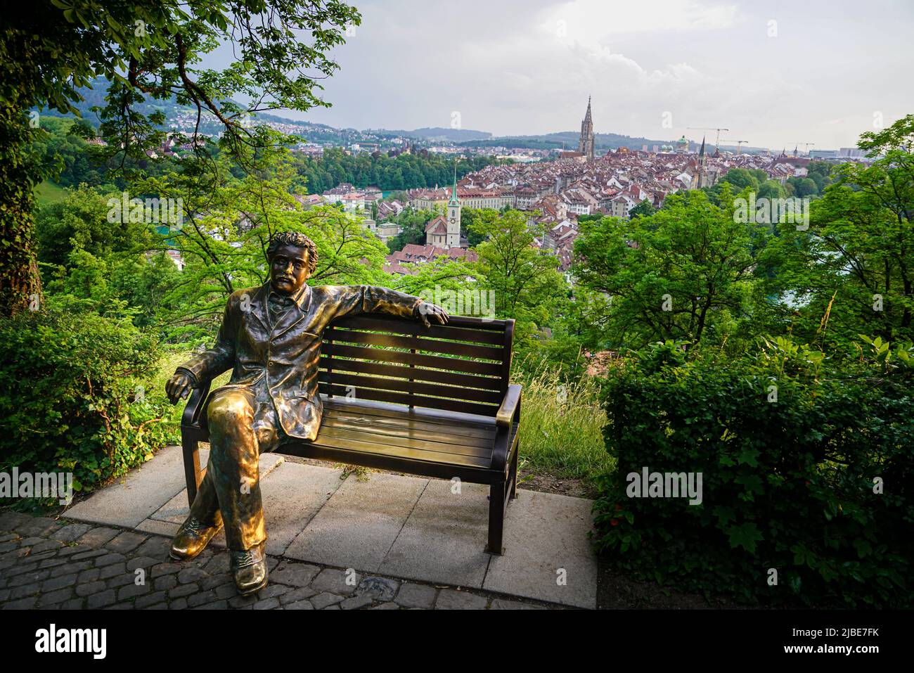 Statue of famous scientist Albert Einstein on rose garden. Bern ...