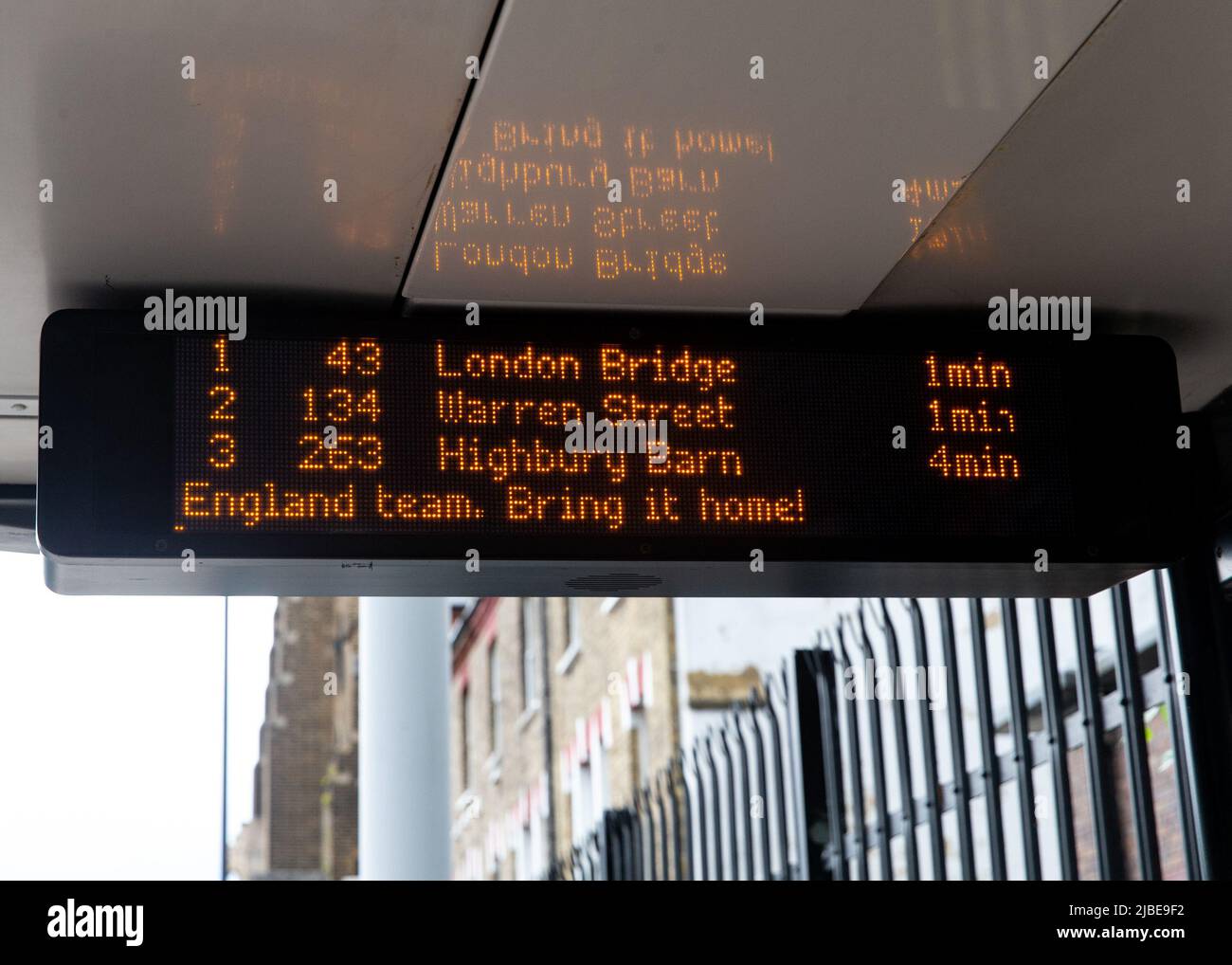 TFL Bus signs wishing the England team good luck Featuring: Atmosphere ...