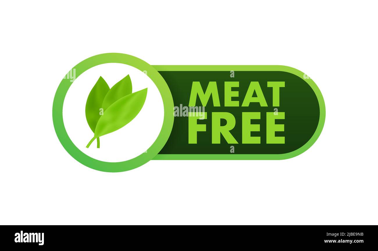 Flat illustration with meat free on green backdrop. Plant leaf sign ...